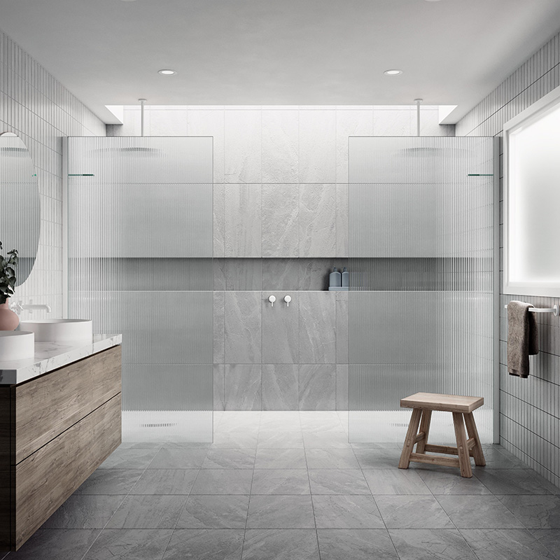 Stegbar - Frameless Shower Screen - Narrow-Reeded Glass - Matt White Hardware - 2053 x 1200 ...