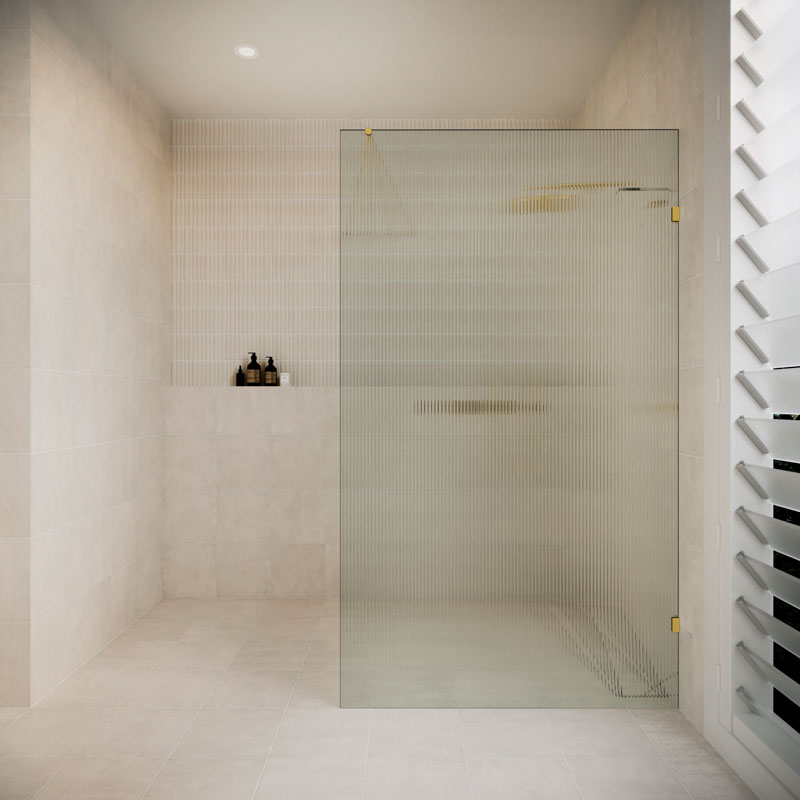 Stegbar Frameless Shower Screen Narrow Reeded Glass Brushed Gold